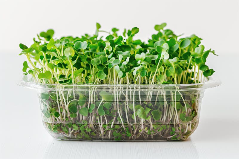 Fresh Microgreens in a Clear Container, Greens are Bright Green with ...