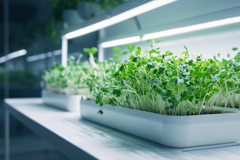Fresh Microgreens Growing in Planter, Illuminated by a Grow Light Stock ...