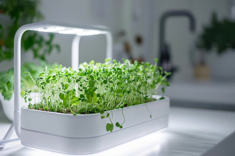 Fresh Microgreens Growing in Planter, Illuminated by a Grow Light Stock ...