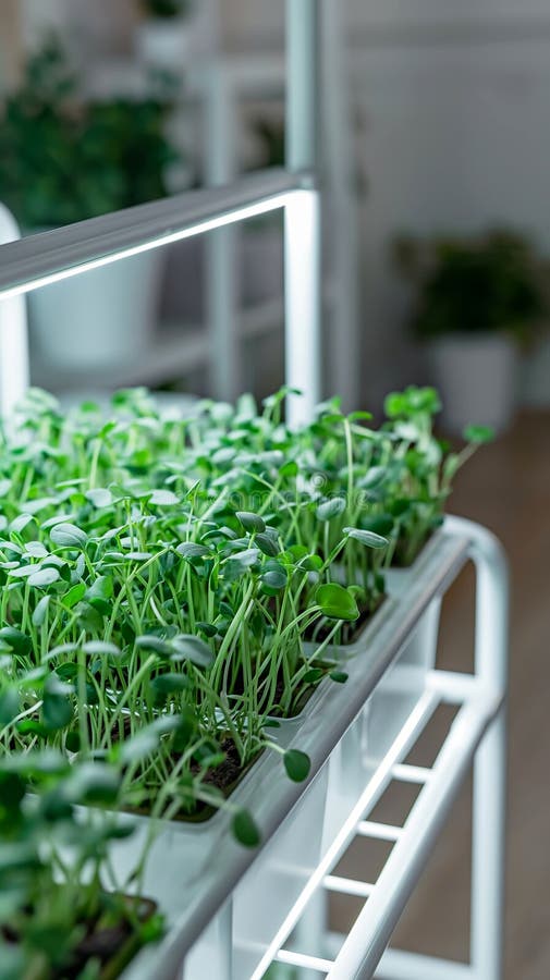 Fresh Microgreens Growing in Planter, Illuminated by a Grow Light Stock ...