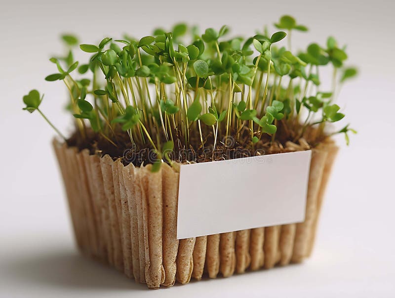Fresh Microgreens Sprouting in a Biodegradable Planter with a Blank ...