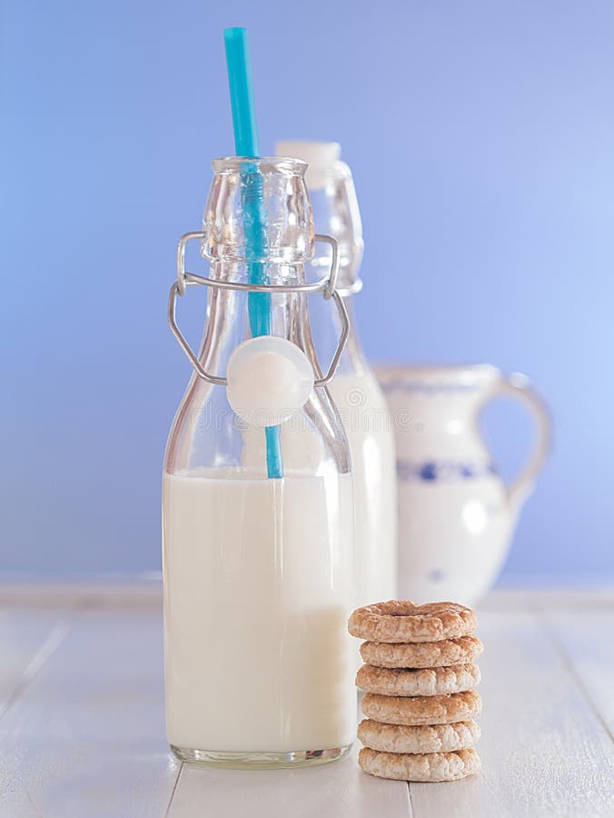 Fresh milk in bottles stock photo. Image of toast, healthy - 52626226