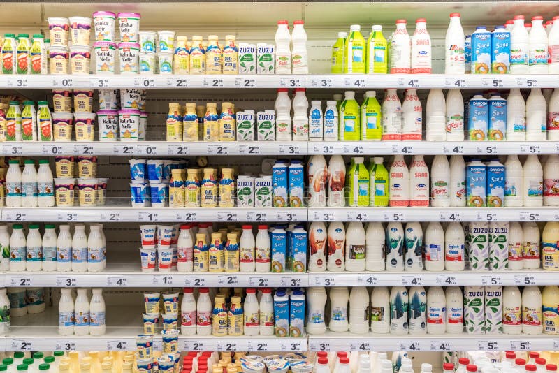 Fresh Milk Bottles on Supermarket Stand Editorial Photography - Image ...