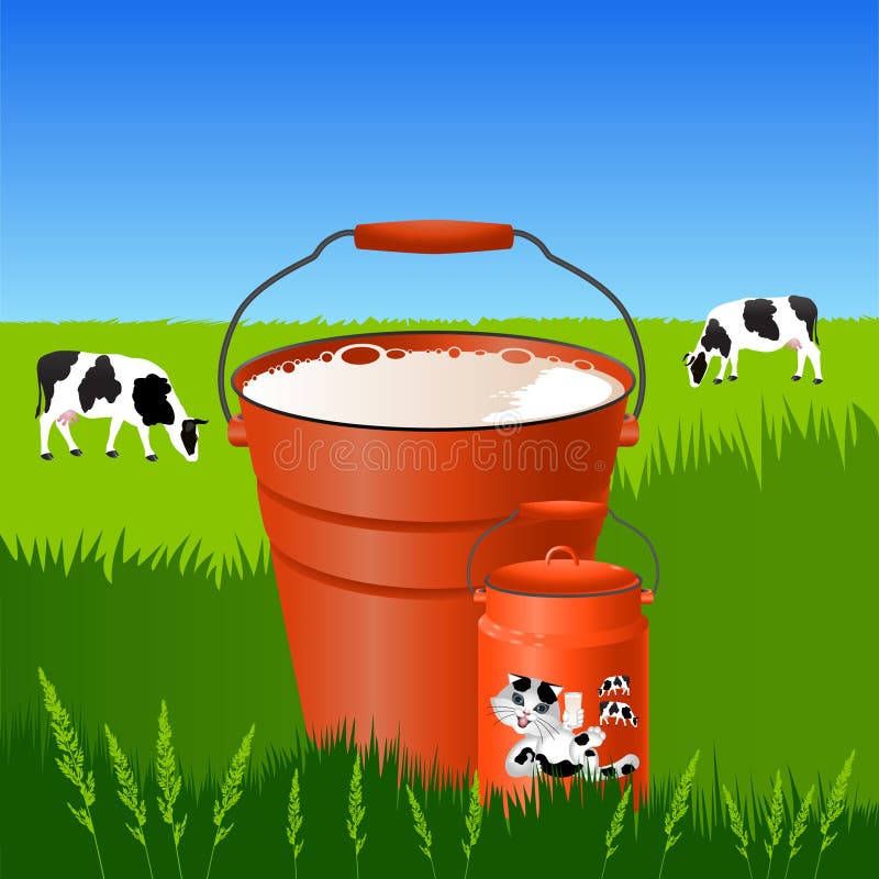 Fresh Milk in a Bucket and Cans. Stock Illustration - Illustration of ...