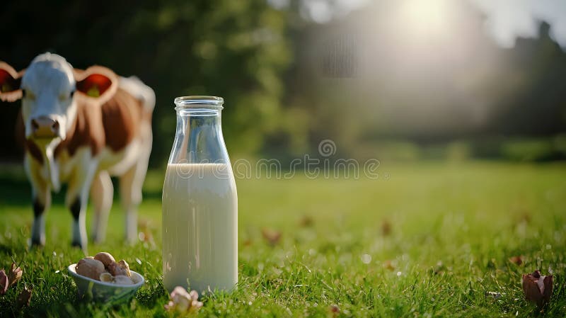 Fresh Milk with Cow and Nuts in a Sunny Field Stock Image - Image of ...