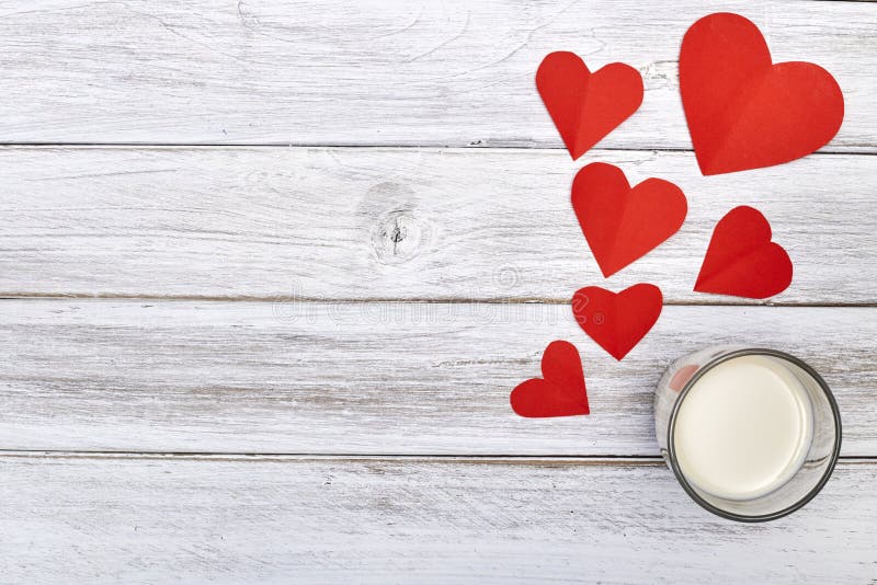 Fresh Milk Cup and Red Hearts Wooden Surface Stock Photo - Image of ...
