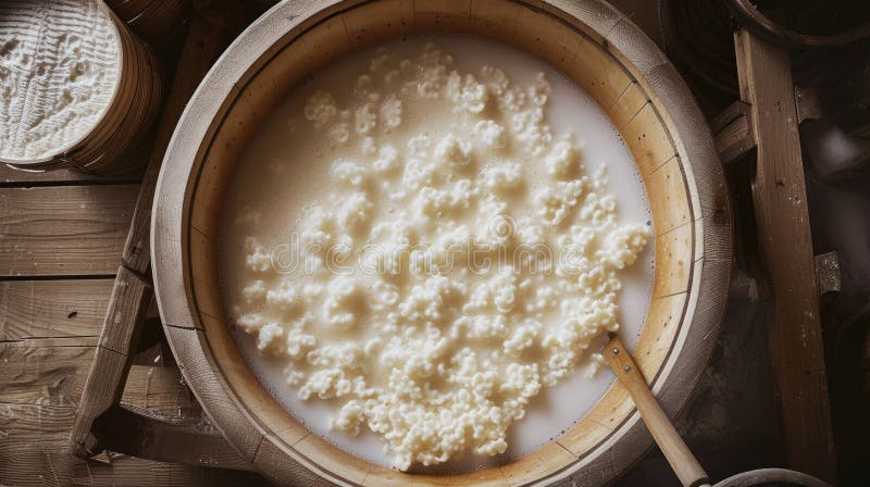 Fresh Milk Curdles in a Wooden Vat Under Precise Temperature Control ...