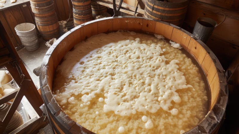 Fresh Milk Curdles in a Wooden Vat Under Precise Temperature Control ...