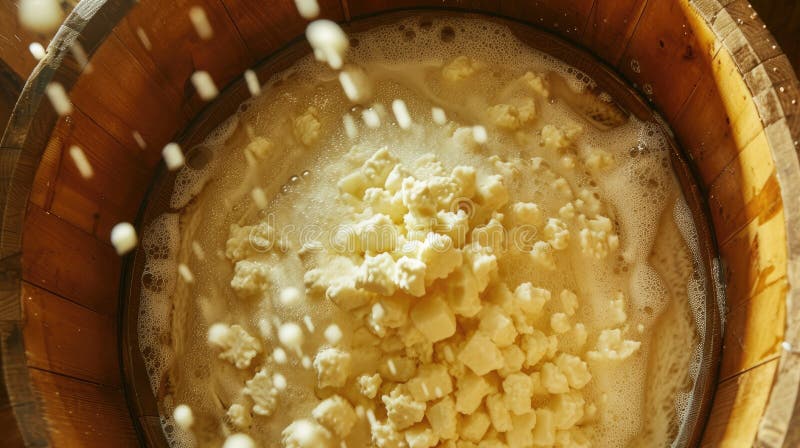 Fresh Milk Curdles in a Wooden Vat Under Precise Temperature Control ...