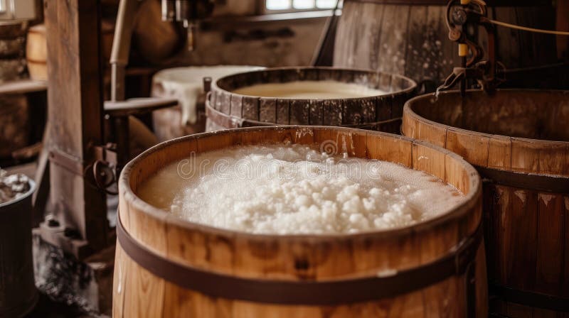 Fresh Milk Curdles in a Wooden Vat Under Precise Temperature Control ...