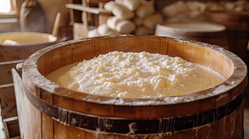 Fresh Milk Curdles in a Wooden Vat Under Precise Temperature Control ...