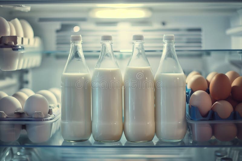 Fresh Milk in Glass Bottles and Fresh Eggs in the Fridge Ai Photo Stock ...