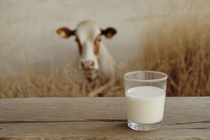 Fresh Milk in a Glass with Cow in the Background on Rustic Farm Stock ...