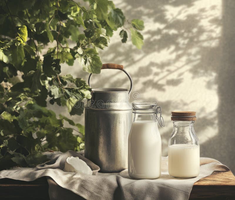 Fresh Milk in Jars and a Vintage Can on a Rustic Table. Sunlight Casts ...