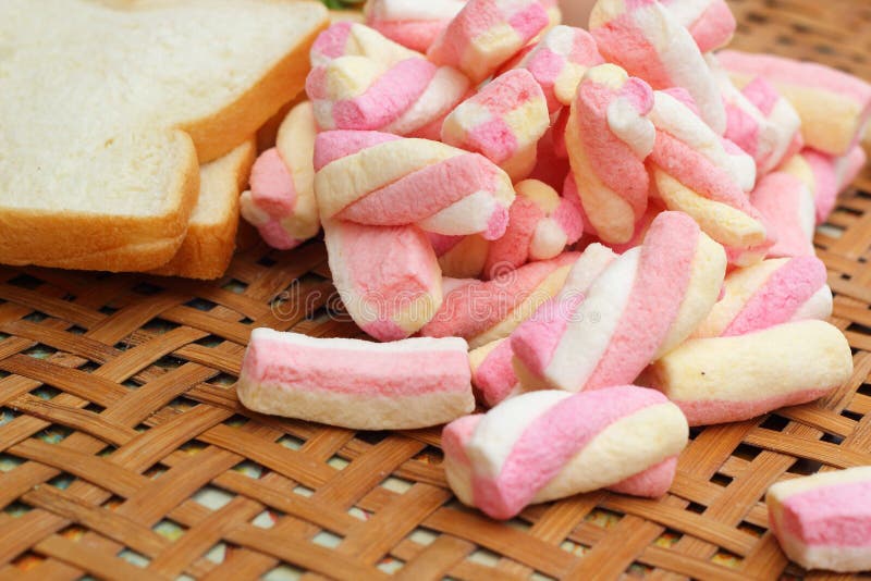 Fresh Milk and Pink Marshmallows with a Slice of Bread. Stock Image ...