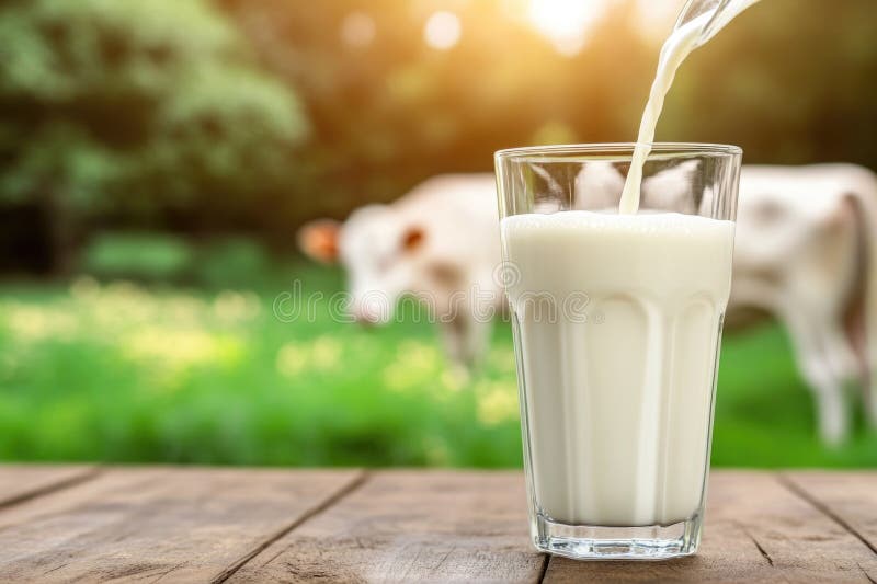 Fresh Milk Pouring into Glass in Rustic Farm Setting with Grazing Cow ...