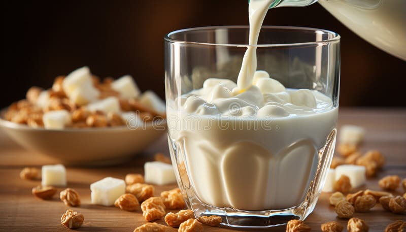 Fresh Milk Pouring into a Glass on Wooden Table Generated by AI Stock ...