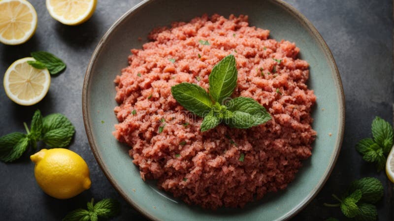 Fresh Minced Meat Decorated with Lemon and Mint on Top View. Isolated ...