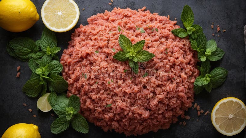 Fresh Minced Meat Decorated with Lemon and Mint on Top View. Isolated ...
