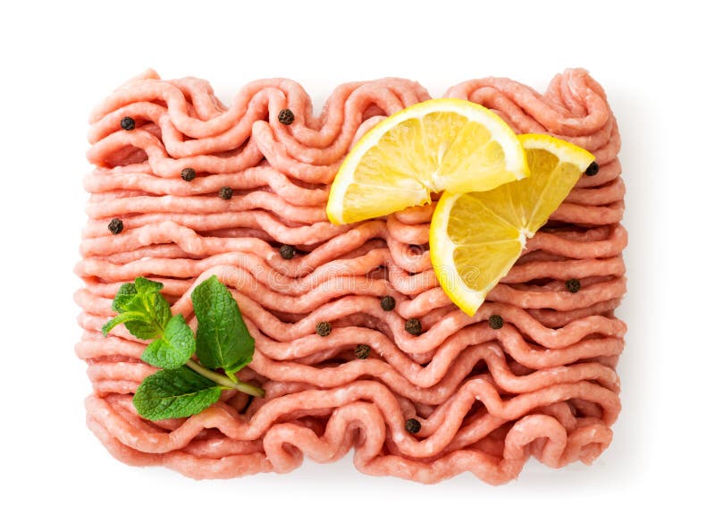 Fresh Minced Meat Decorated with Lemon and Mint on Top View. Isolated ...