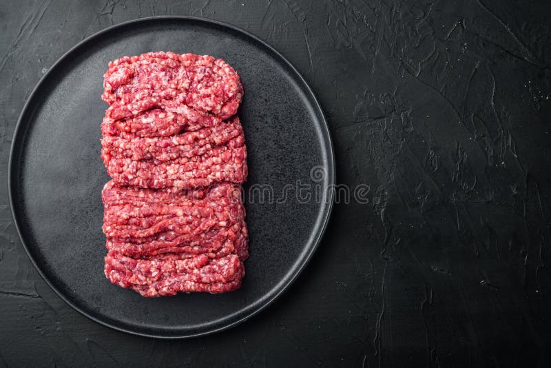 Fresh Minced Meat Ground Beef, on Black Background, Top View Flat Lay ...