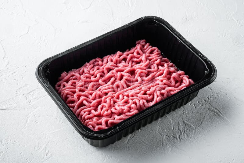 Fresh Minced Meat in Plastic Box Packaging Tray, on White Stone ...