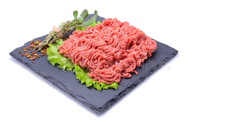 Fresh Minced Pork and Beef and Spices on a Slate Stone.Isolated on a ...