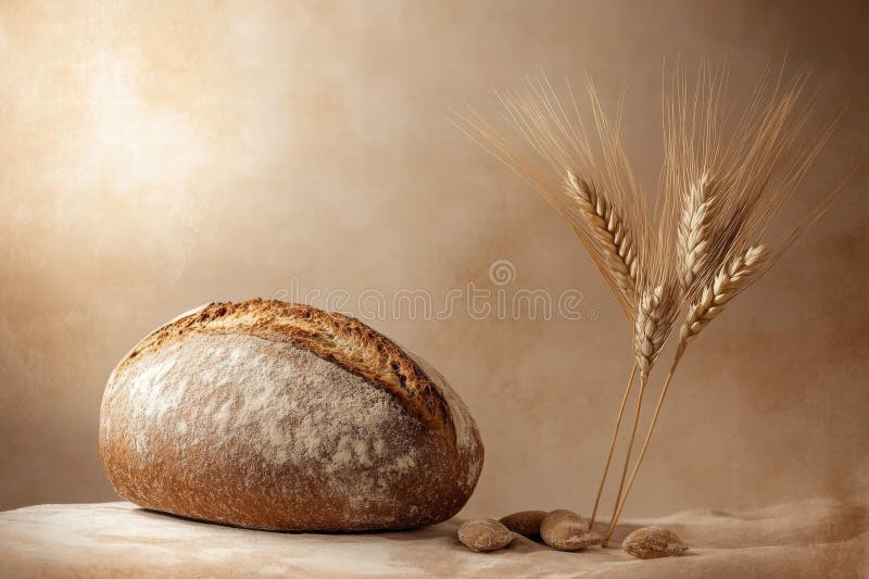 Minimalist Bread Loaf Resting on a Textured Surface with Wheat Grains ...