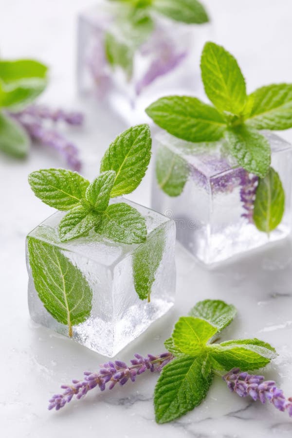 Fresh Mint and Lavender Frozen in Ice Cubes on White Marble Stock ...