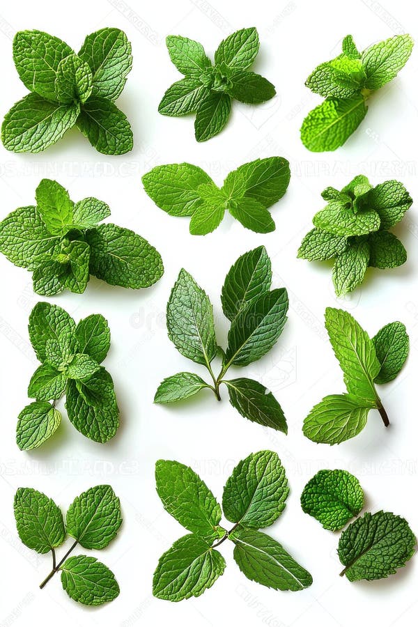 Fresh Mint Leaves of Assorted Shapes Arranged on a Clean White ...