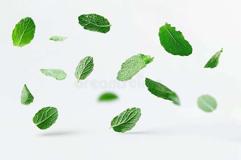 Fresh Mint Leaves Falling on White Background Stock Illustration ...
