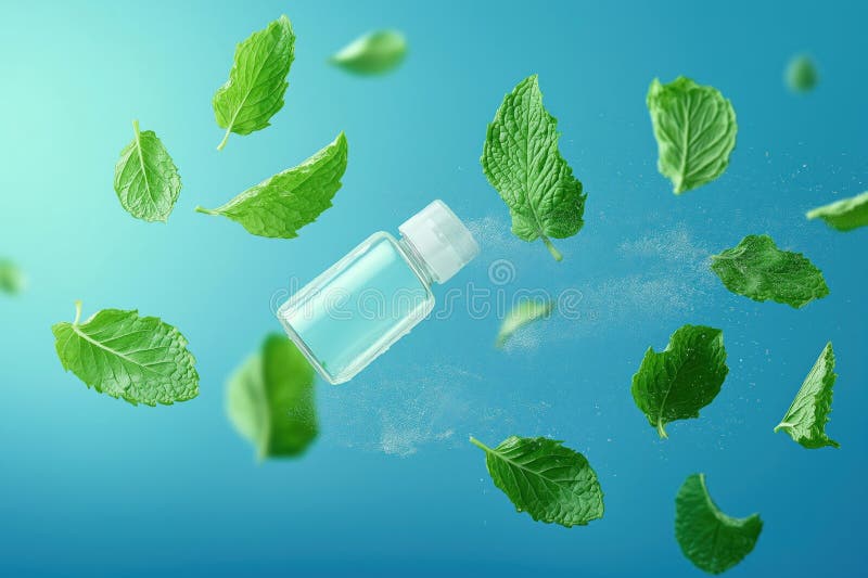 Fresh Mint Leaves Float Around a Clear Bottle. Light Airy Effect on ...