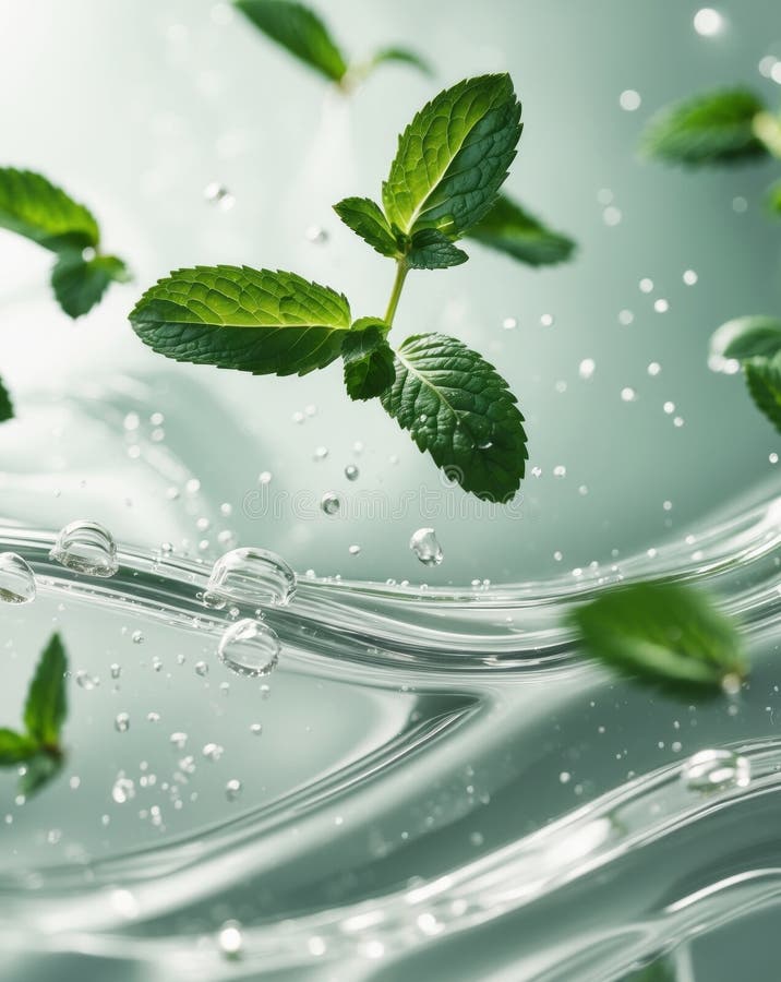 Fresh Mint Leaves Splashing in Glass Water Bubbles and Ripples Stock ...