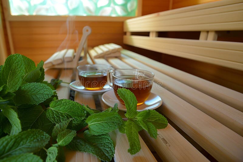 Fresh Mint Leaves beside Tea Set on Sauna Bench Stock Image - Image of ...