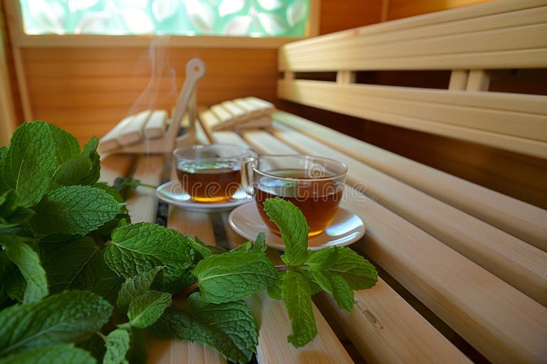 Fresh Mint Leaves beside Tea Set on Sauna Bench Stock Image - Image of ...