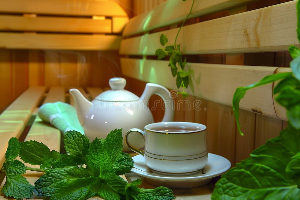 Fresh Mint Leaves beside Tea Set on Sauna Bench Stock Image - Image of ...
