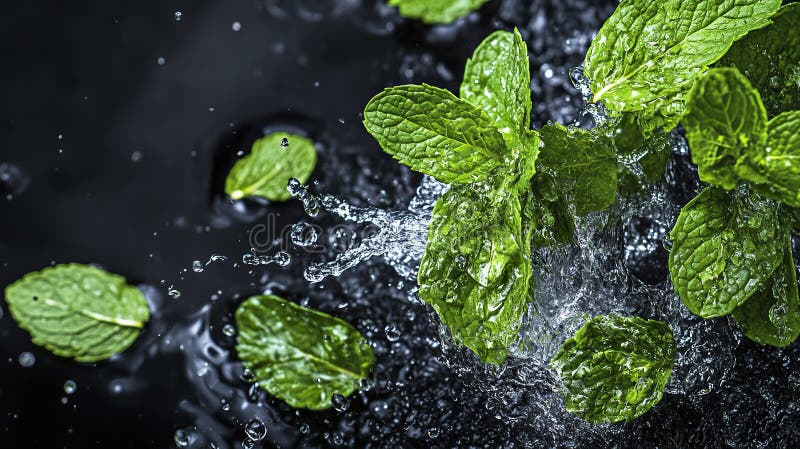 Fresh Mint Leaves with Water Splash on Black Background Stock ...