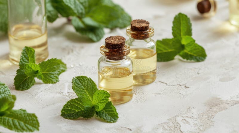 Fresh Mint and Peppermint Oil Arranged Artfully on a Light Background ...