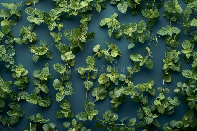 Fresh Mint Sprigs Pattern on Teal Background, Aromatic Culinary ...