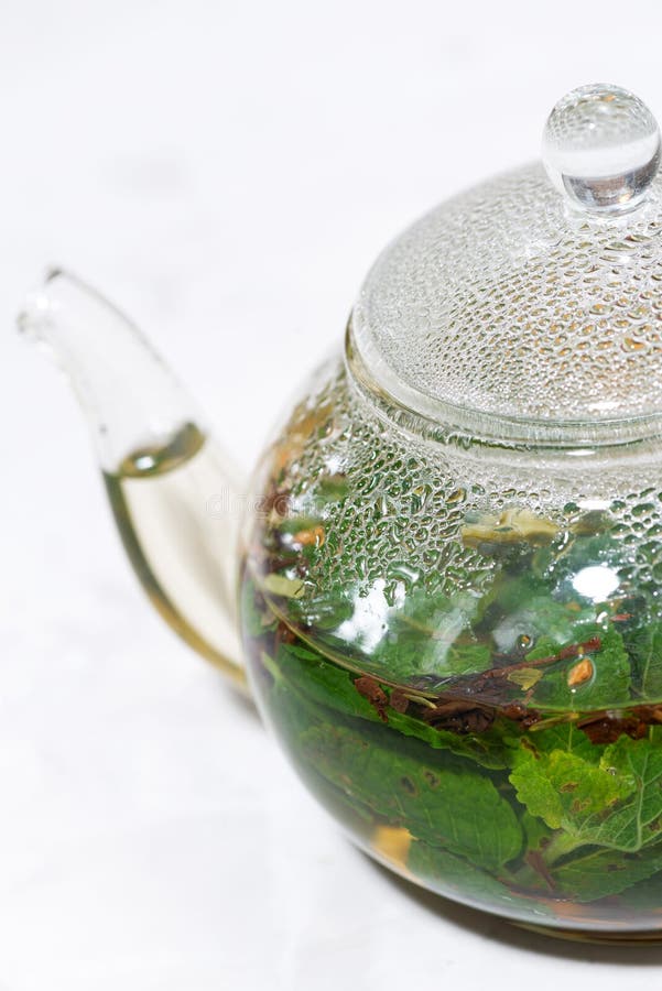 Fresh Mint Tea in a Glass Teapot, Top View Vertical Stock Image - Image ...