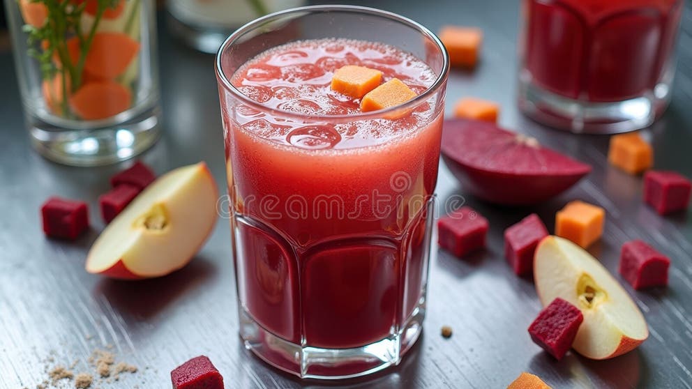 Fresh Mixed Fruit Juice with Apple, Beetroot, and Carrot Cubes on a ...