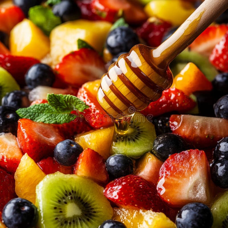 Fresh Mixed Fruit Salad with Honey Drizzle and Mint Garnish Stock Image ...