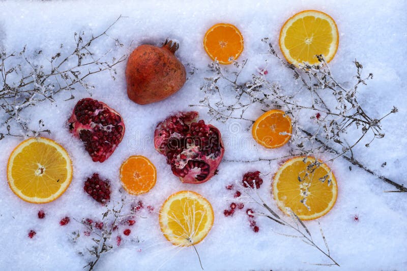 Fresh mixed fruit on snow stock image. Image of orange - 110516211