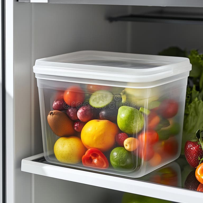 Fresh Mixed Fruits in Transparent Container Inside Refrigerator Stock ...