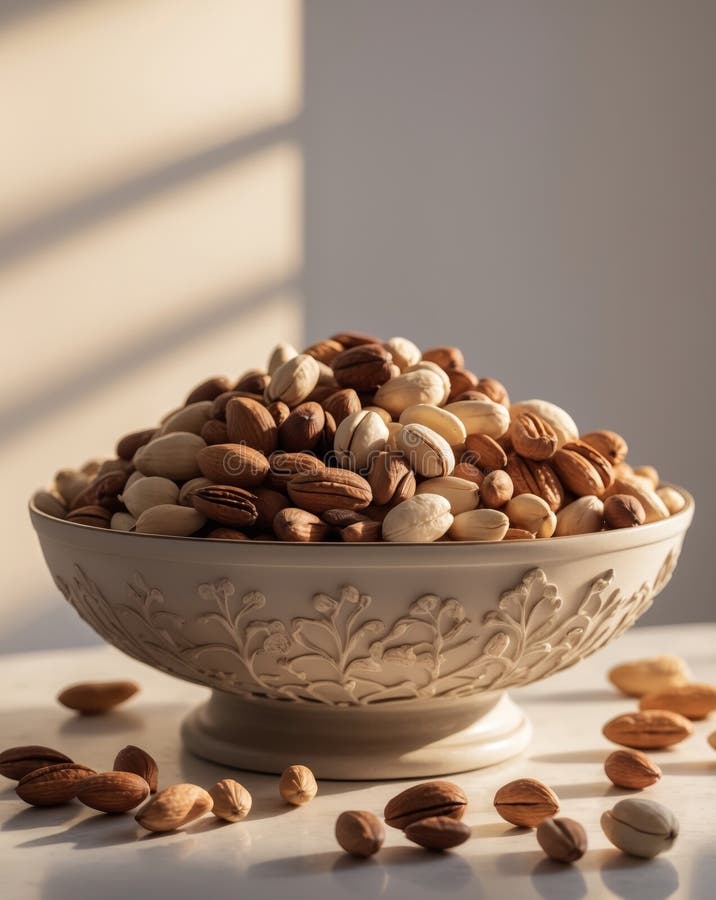 Fresh Mixed Nuts in Decorative Bowl with Natural Light Reflection Stock ...