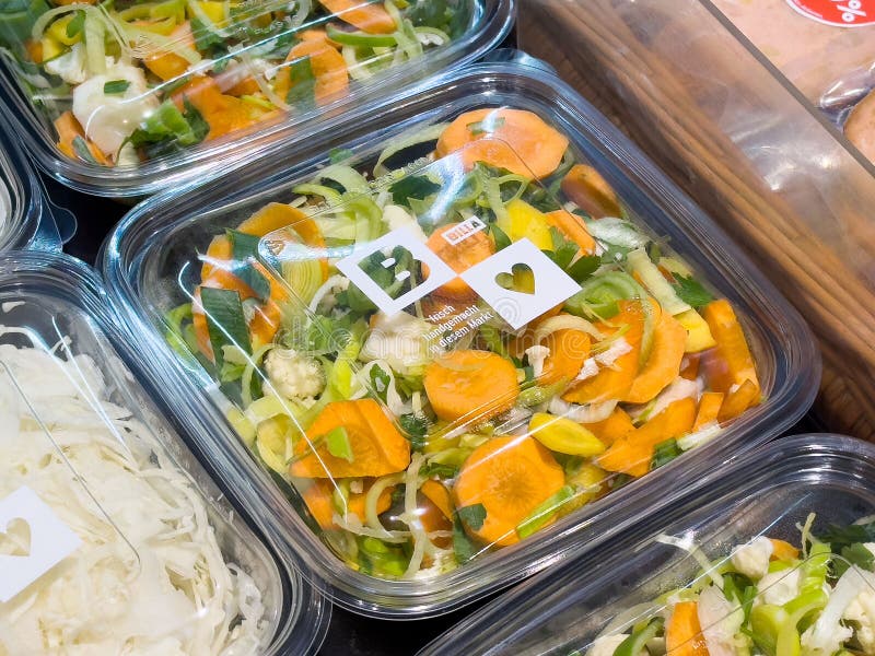 Fresh Mixed Vegetable Salad in Plastic Containers on Display at Market ...