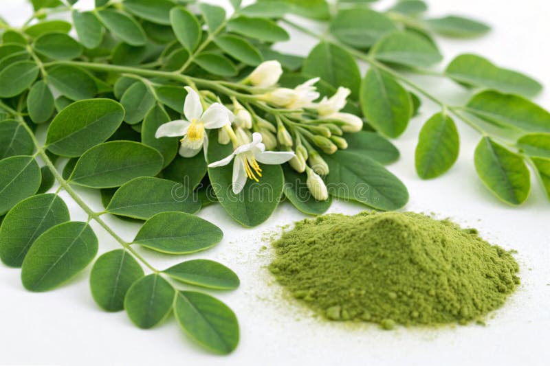 Fresh Moringa Leaves, Flowers, Seeds, and Moringa Powder on White ...