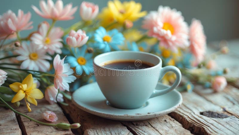 Fresh Morning Coffee on Rustic Table Amidst Vibrant Spring Flowers ...