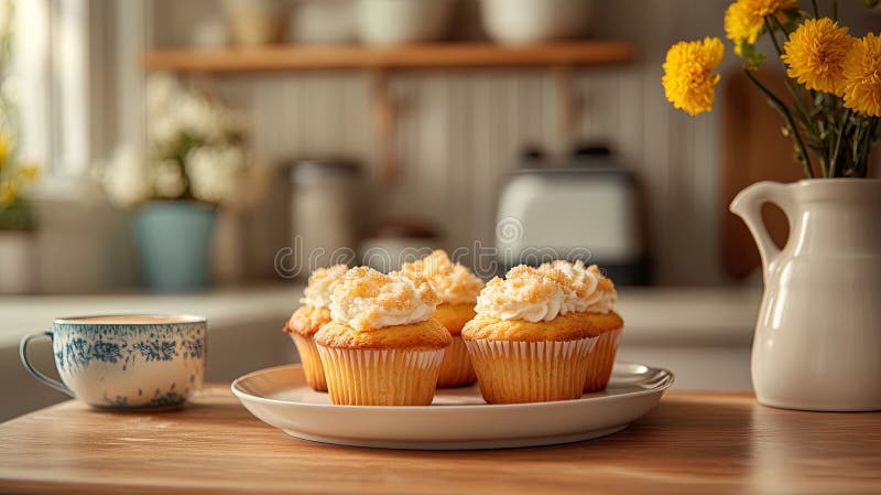 Fresh Muffins on Kitchen Table with Coffee. Stock Image - Image of ...