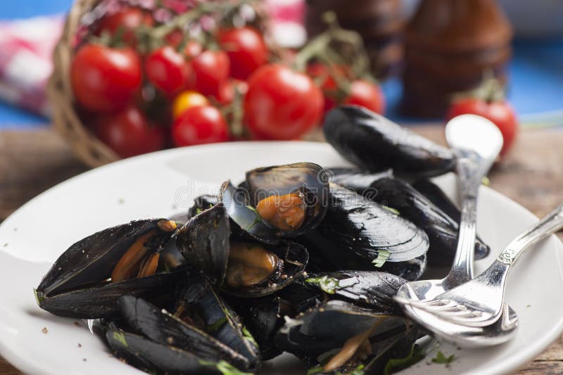 Fresh mussels stock photo. Image of macro, plate, black - 95253342